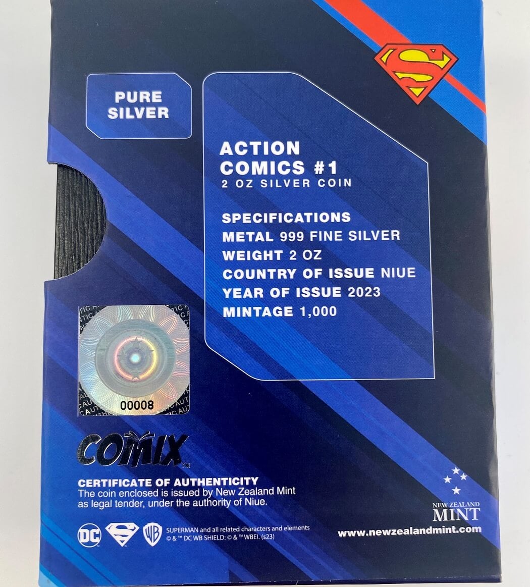 2023 Niue DC COMIX Action Comics #1 2oz Silver Colorized Proof Coin Certificate #8 - GRReserve.com