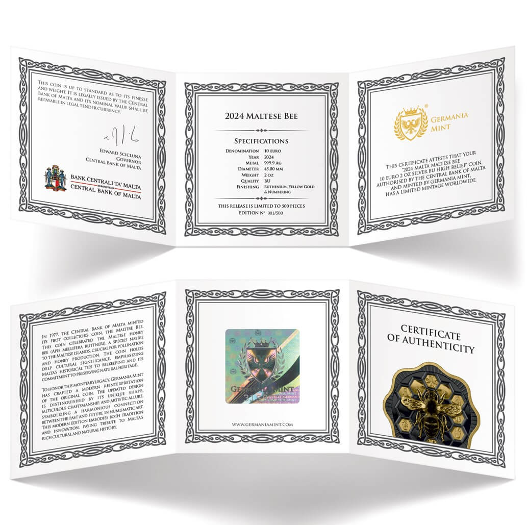 2024 Malta Maltese Bee 2 oz Silver High Relief Gilded Ruthenium Plated Coin