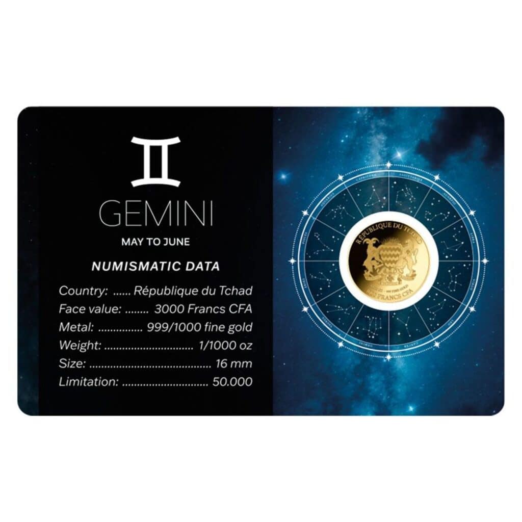 Chad Zodiac Sign Gemini 1/1000 oz Gold Proof-Like Coin